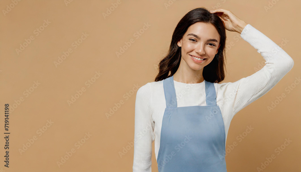 Young nice lady woman with slim body perfect skin stand with raise up ...