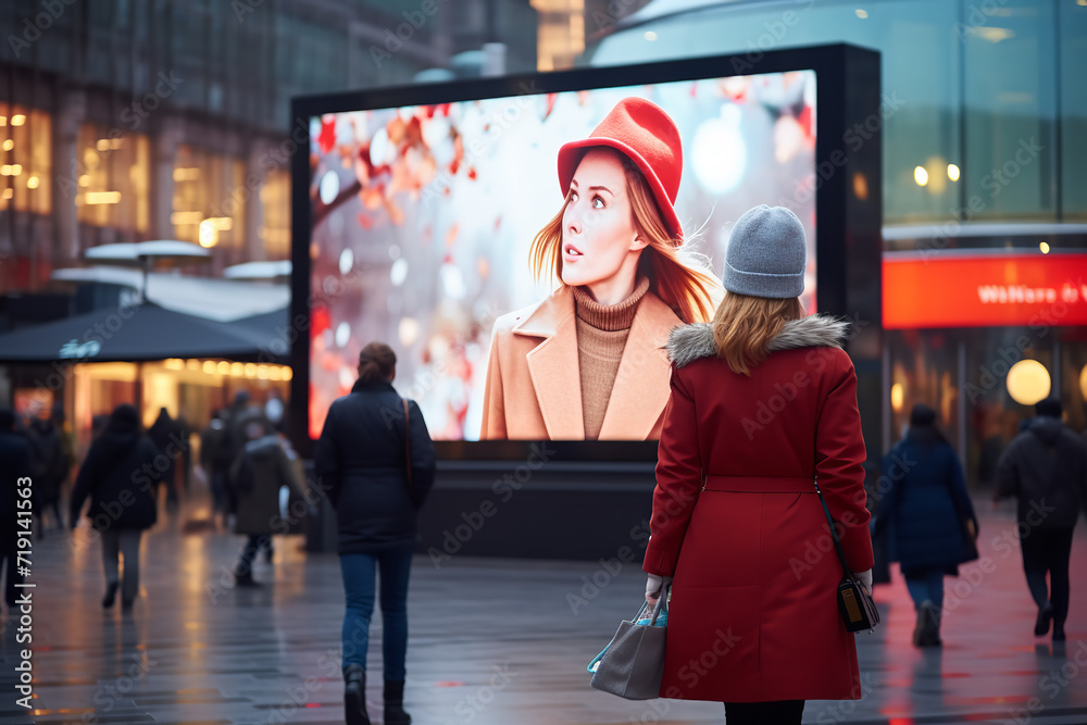Bustling city square featuring an outdoor advertising display with ...