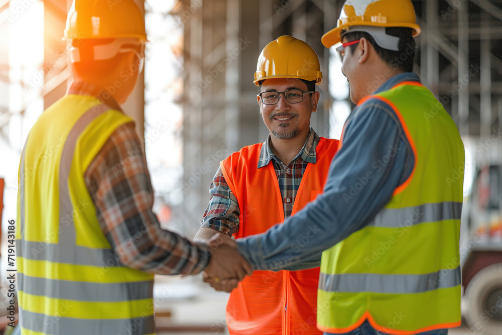 Architect and engineer construction workers shaking hands while working ...