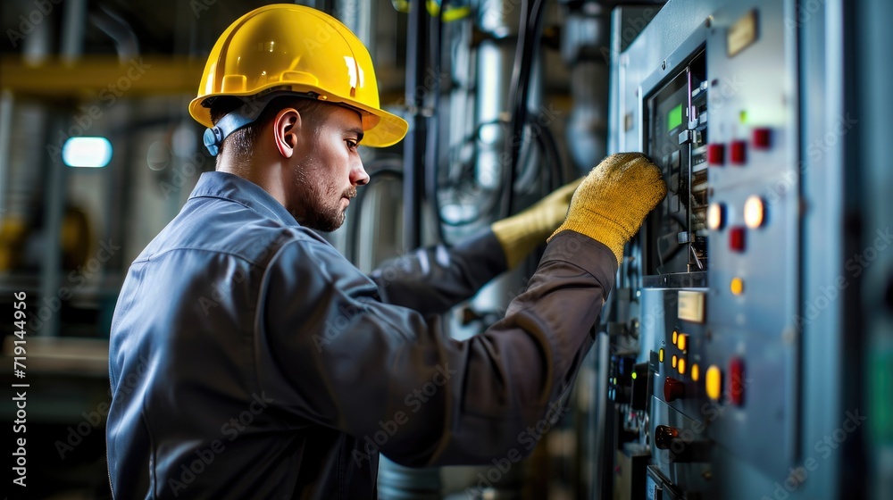 A photograph of an industry maintenance engineer man wearing a blue ...