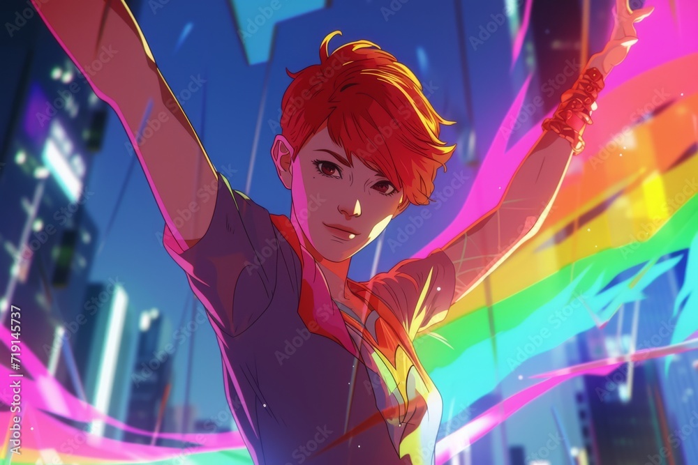 An anime-style portrayal of a young LGBT+ individual empowered with ...