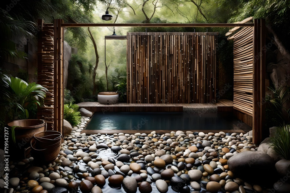 A rustic outdoor shower with wooden privacy screens, a rainfall ...