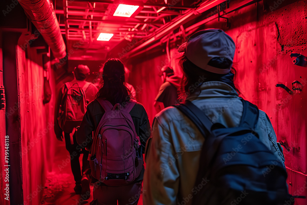 Illustrate players in a post-apocalyptic bunker-themed escape room ...