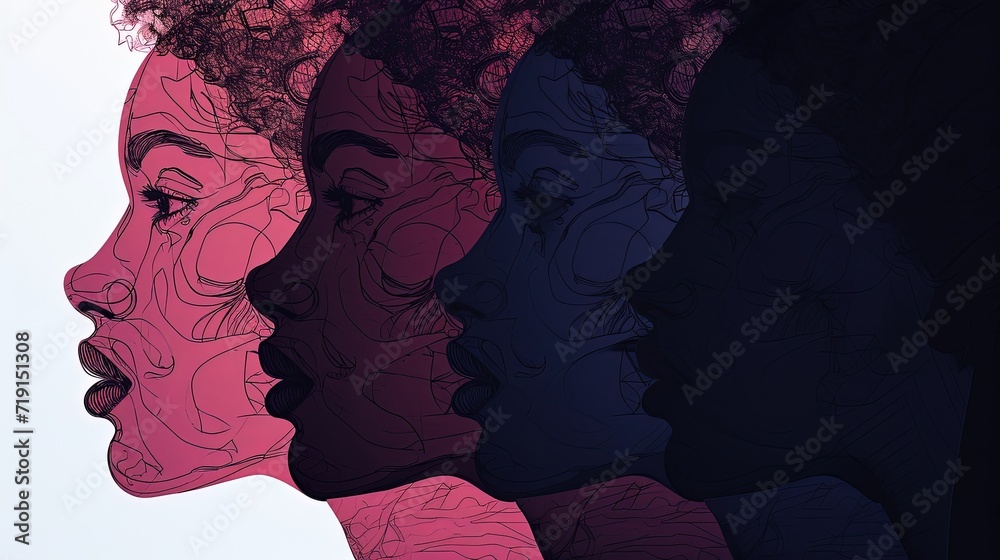 A series of female silhouettes with a progressive color shift from pink ...