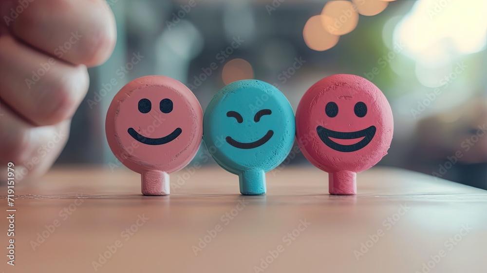 Three smiling face lollipops in pink and blue on a table, with a human ...