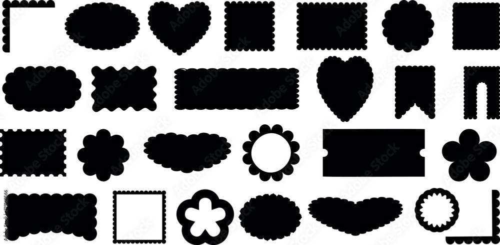 Scallop edge shapes, black silhouette, hearts, circles, rectangles ...