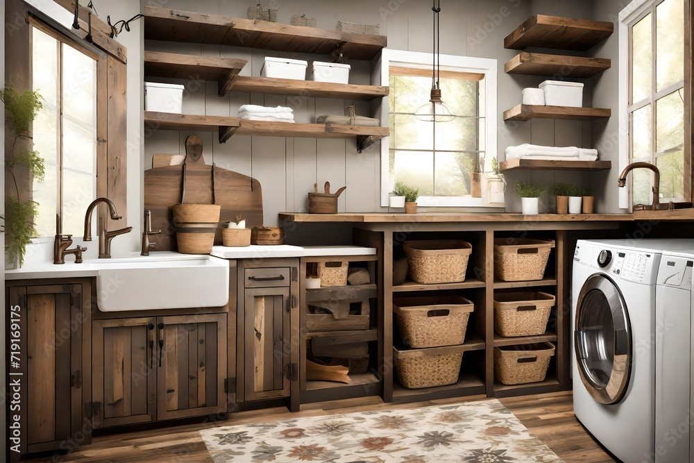 A rustic laundry room with a farmhouse sink, open shelves for storage ...