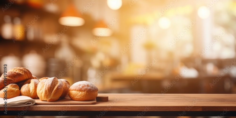Table with blurred bakery shelf background in coffee shop for product ...