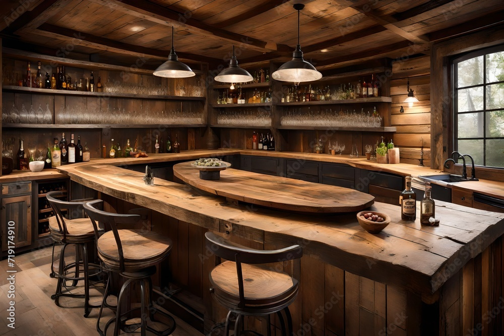 A rustic home bar with a reclaimed wood countertop, open shelving ...