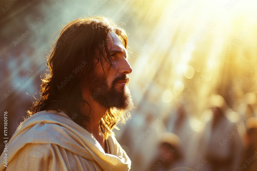 illustration of jesus christ in white clothes and loving peaceful face ...