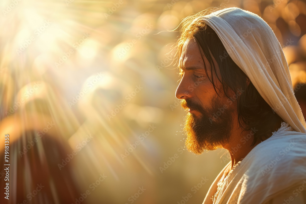 illustration of jesus christ in white clothes and loving peaceful face ...