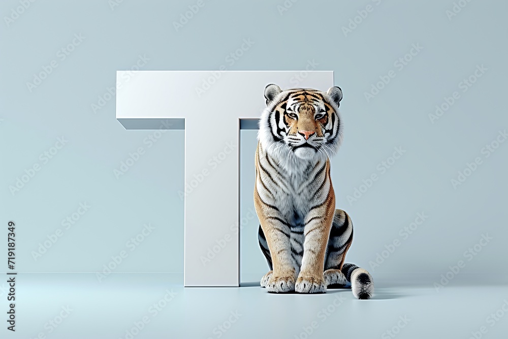 Tiger head shaped letter t isolated on white background with bold and ...