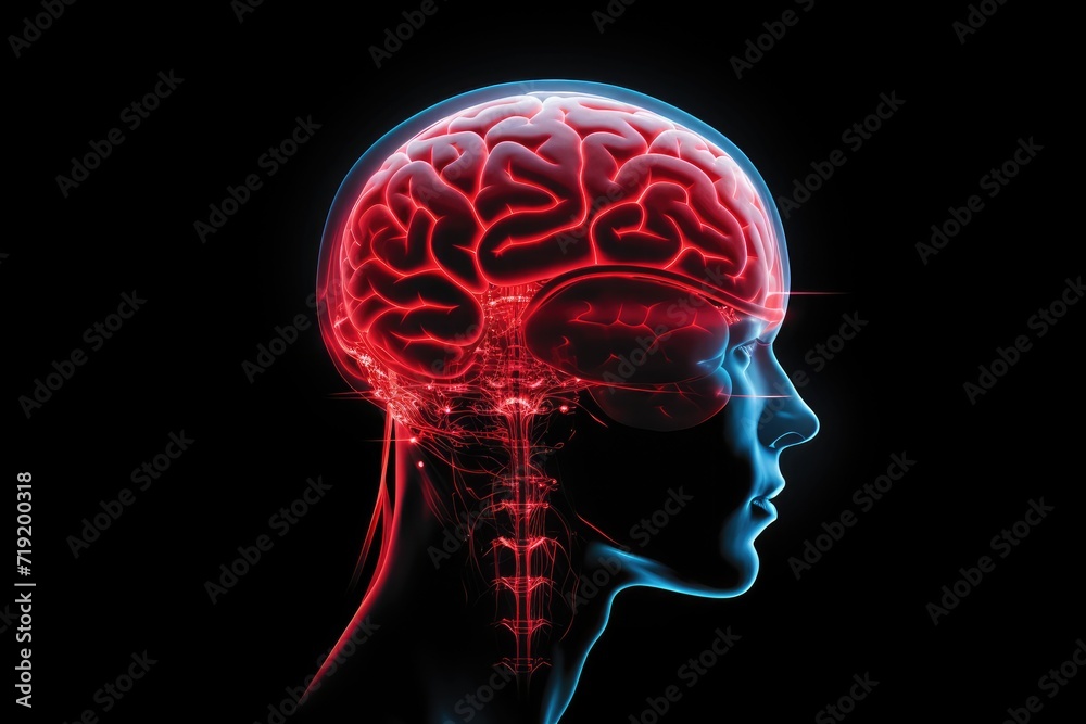 An image of a human head with the brain highlighted in red, showcasing ...