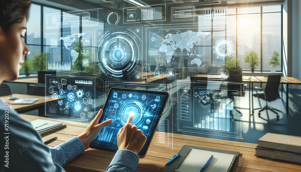 Modern workplace featuring a person using a tablet with futuristic ...