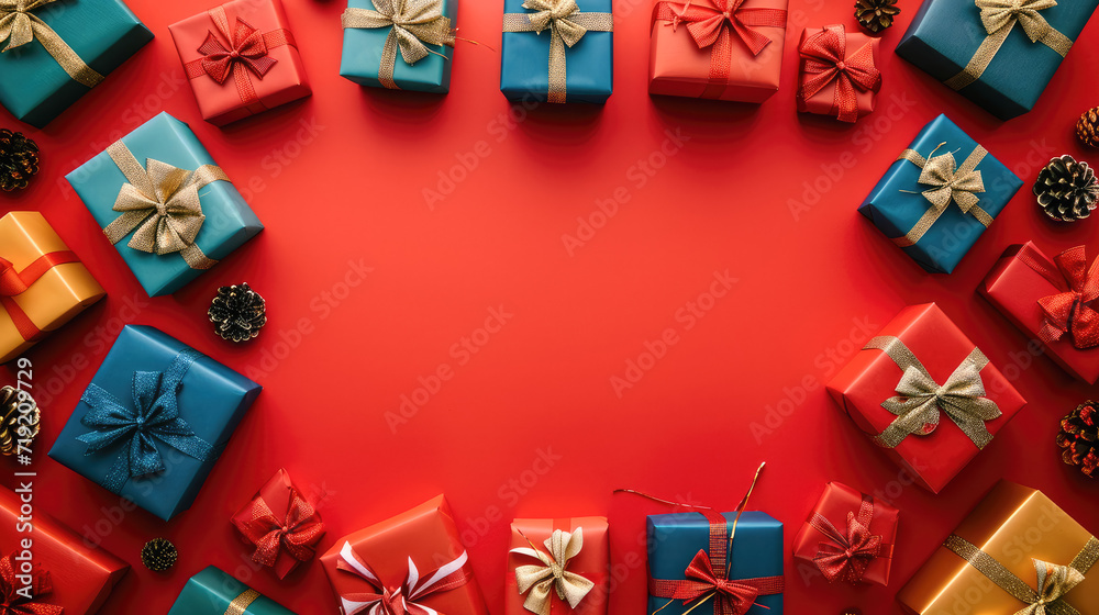 card with random colors gift boxes on red background arranged in a flat ...
