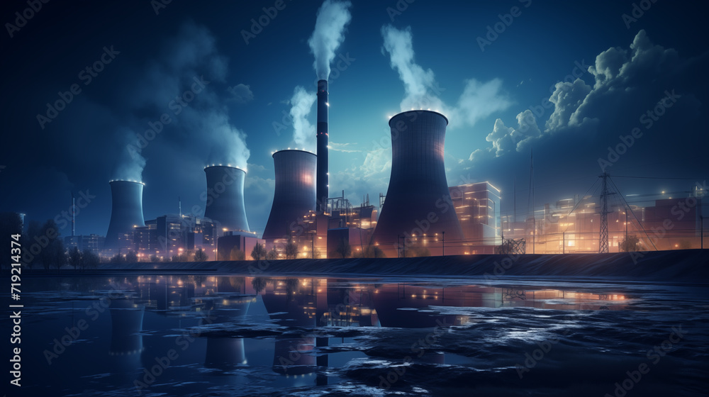 Image of an operating nuclear power plant in dramatic format. The ...
