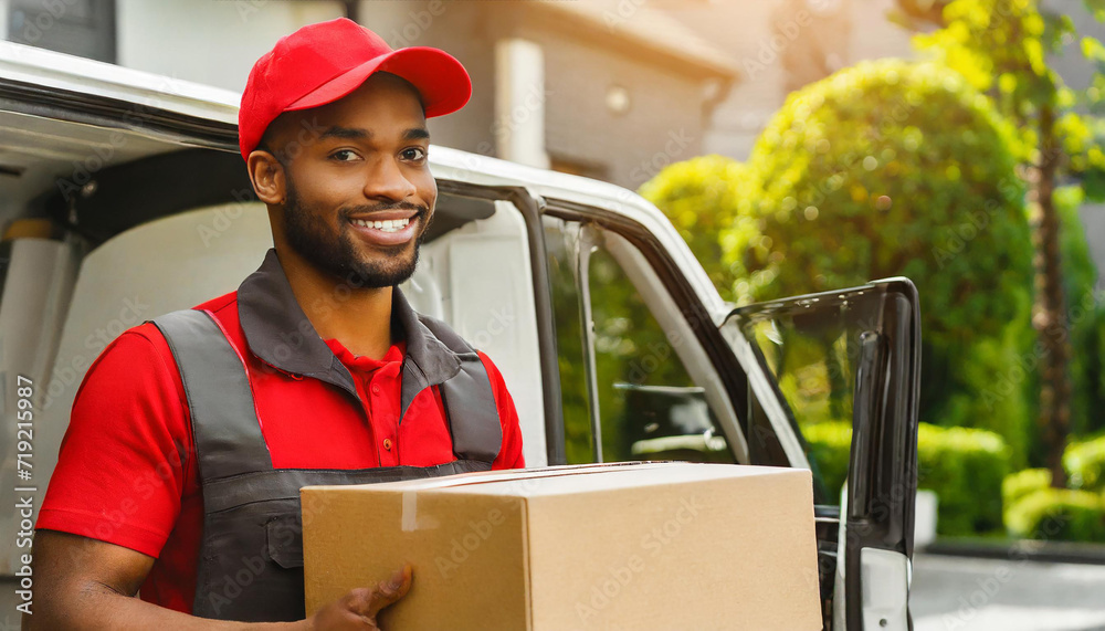 Delivery courier service. Delivery man in red cap and uniform holding a ...