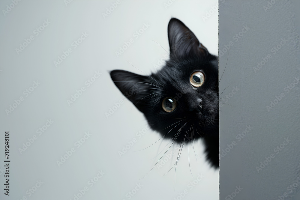 Black cat peeks out from behind a wall on a light gray background ...