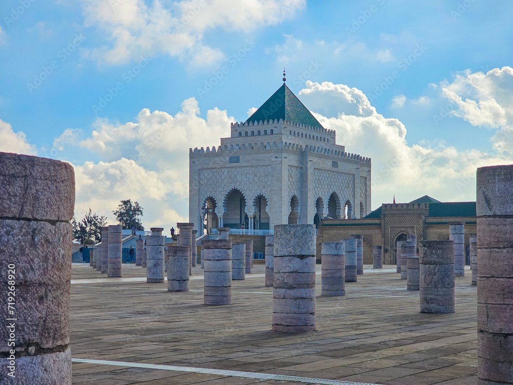 view of square and Mausoleum of King Mohammed V located on opposite ...