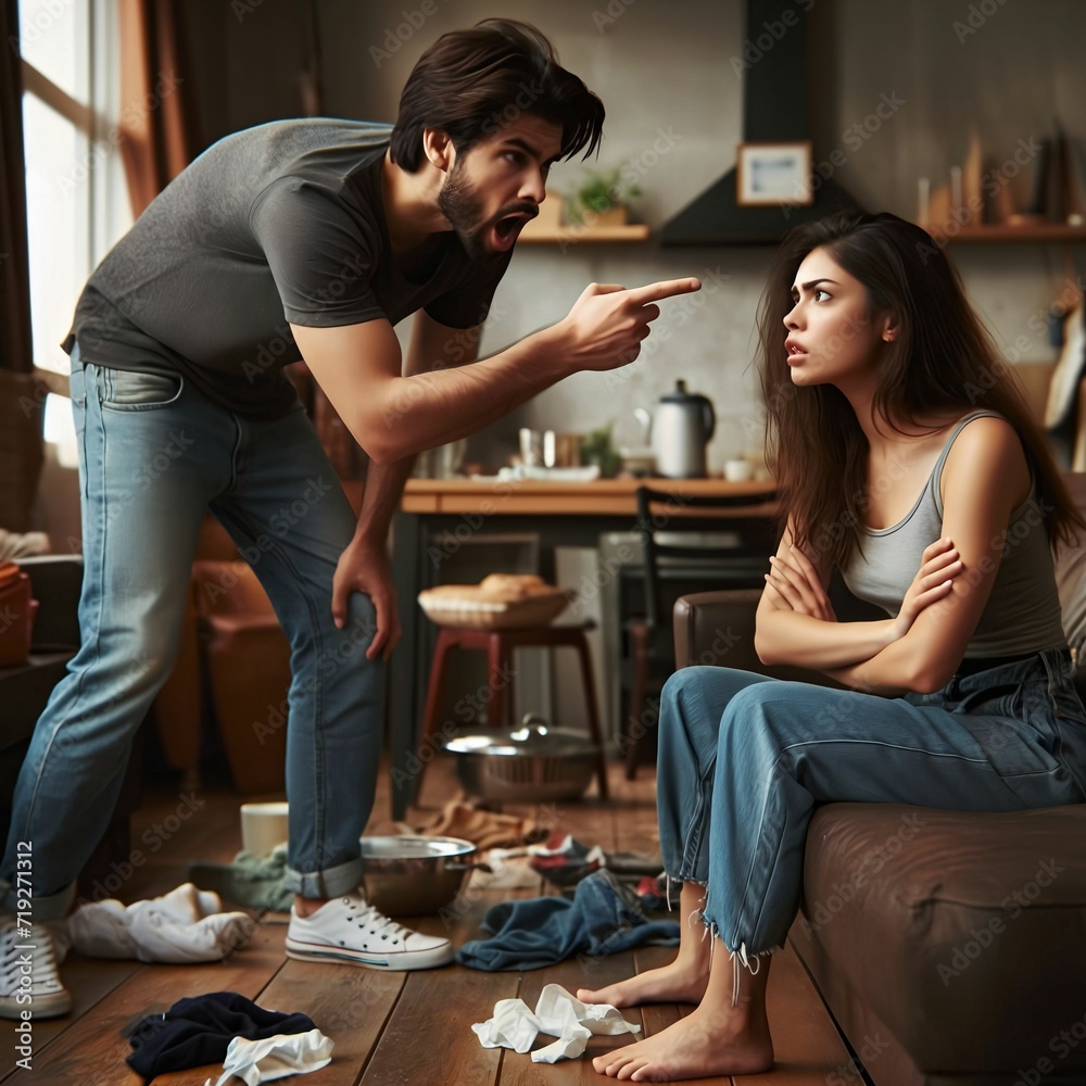 Emotional annoyed couple arguing at home. Angry irritated stressed man ...