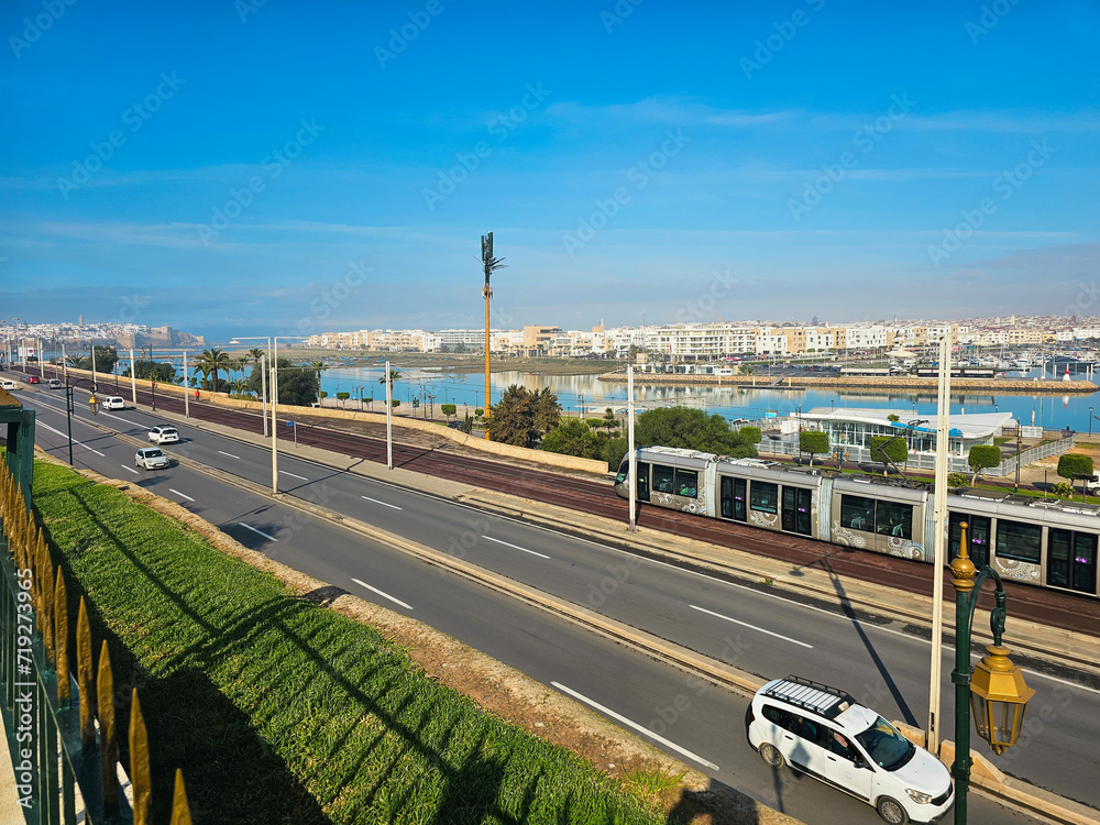 Modern tram and cars passing over Hassan II bridge in Rabat, Morocco ...