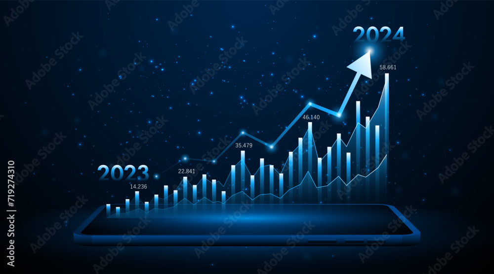 Arrow pointing upwards for future company growth in 2023 to 2024 set on ...
