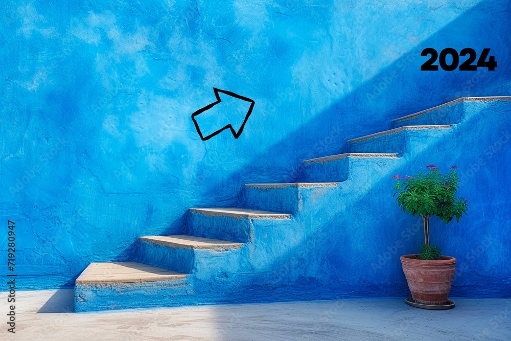 Staircase with target - blue wall as a guide - 2024, success, progress ...
