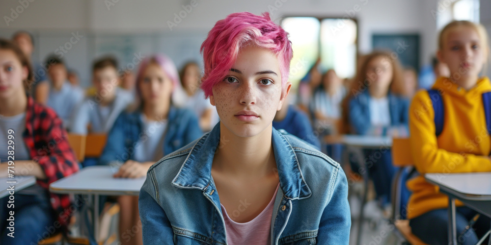 Groupmates bullying at sad girl with pink hair in school classroom ...