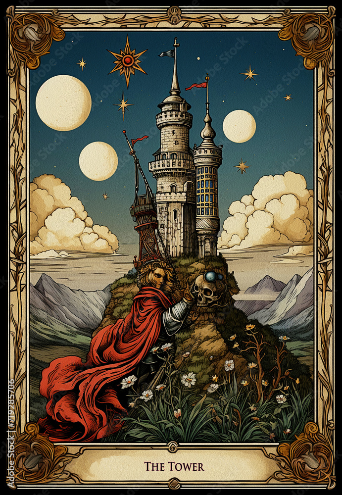 Renaissance style tarot card with the tower built on a friable rock ...