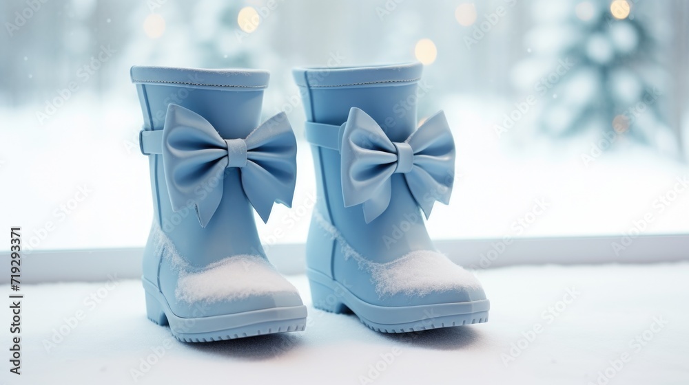 Blue Rubber boots with bows. The trend for bows in 2024. Shoes with ...