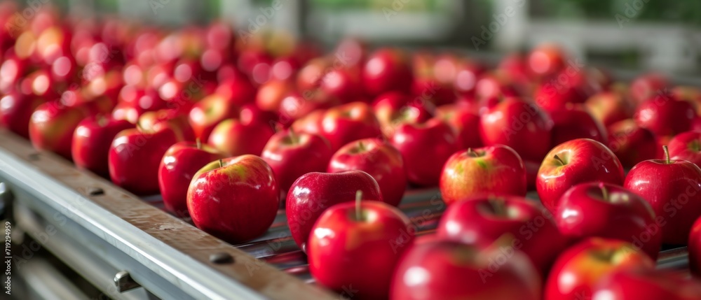 Fresh Red Apples Moving Along A Conveyor Belt, Showcasing Automated ...