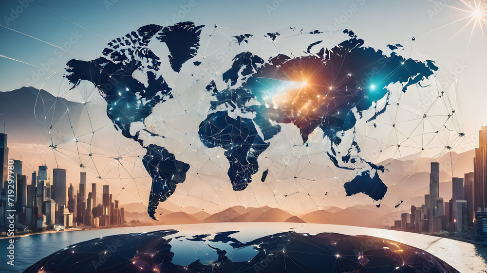 Polygonal mesh network map of world of lines and points, dots and ...