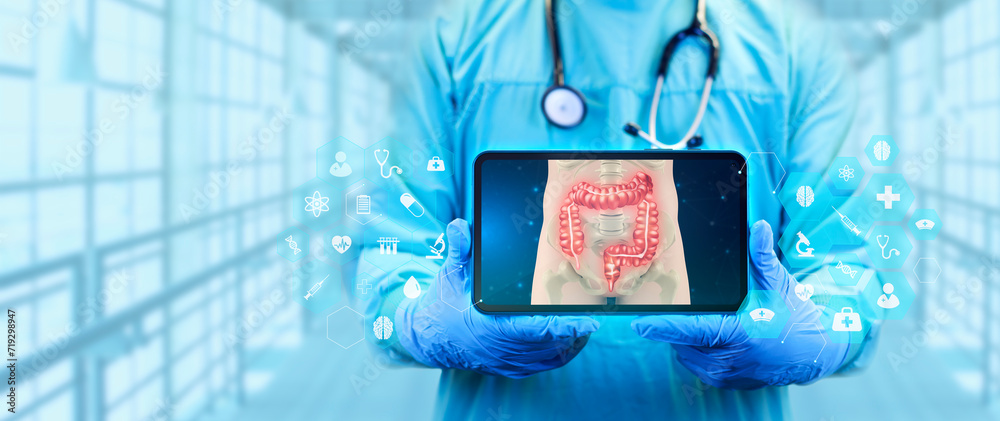 The doctor projects the human large intestine on the tablet. Study and ...