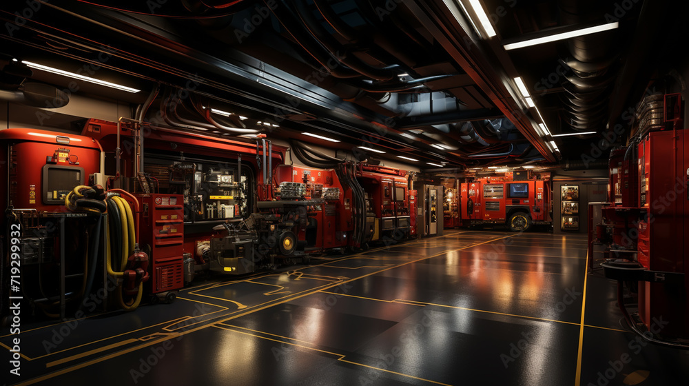 Fire station garage with red truck leaving box. Municipal city service ...