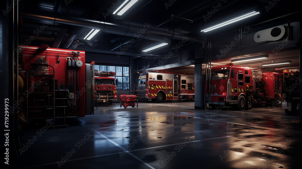 Fire station garage with red truck leaving box. Municipal city service ...