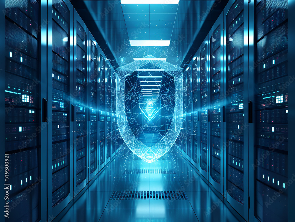 a modern server room encased in a digital fortress, showcasing robust software, intricate ...