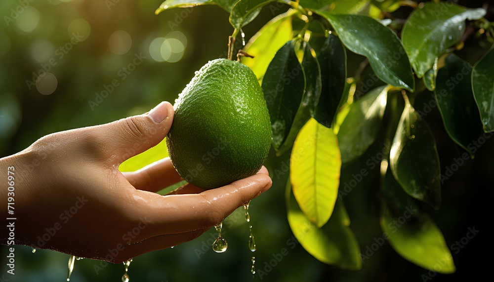 hand picking an avocado from a tree. hand holding green ripe avocado ...
