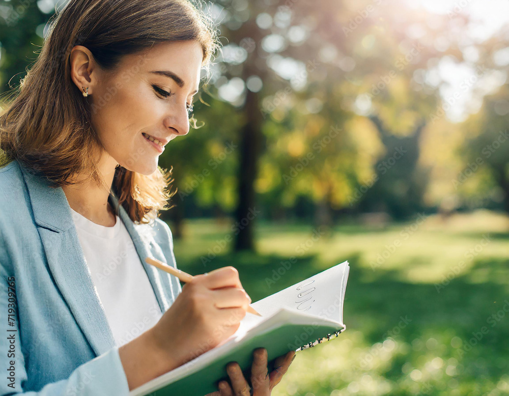 Woman draws letters in the park. Outline hand lettering in a sketchbook ...