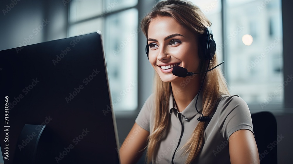 A young blonde call center girl in a smiley outfit is sitting at a desk ...