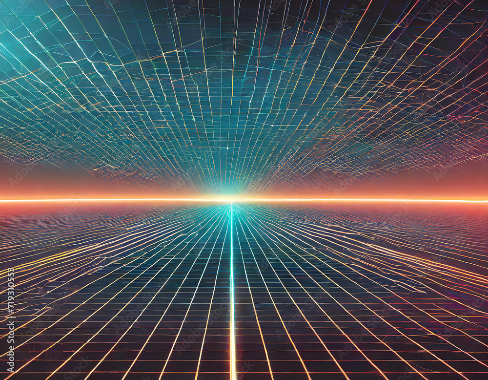 80s Retro Sci-Fi Background Futuristic Grid landscape. Digital cyber ...