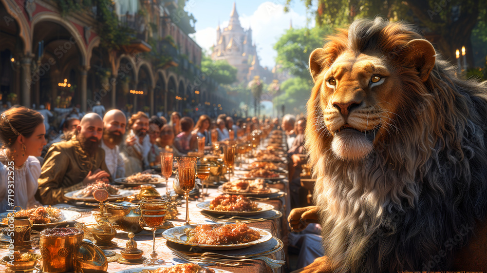 the lion's share, majestic lion sits at a grand banquet table lined ...