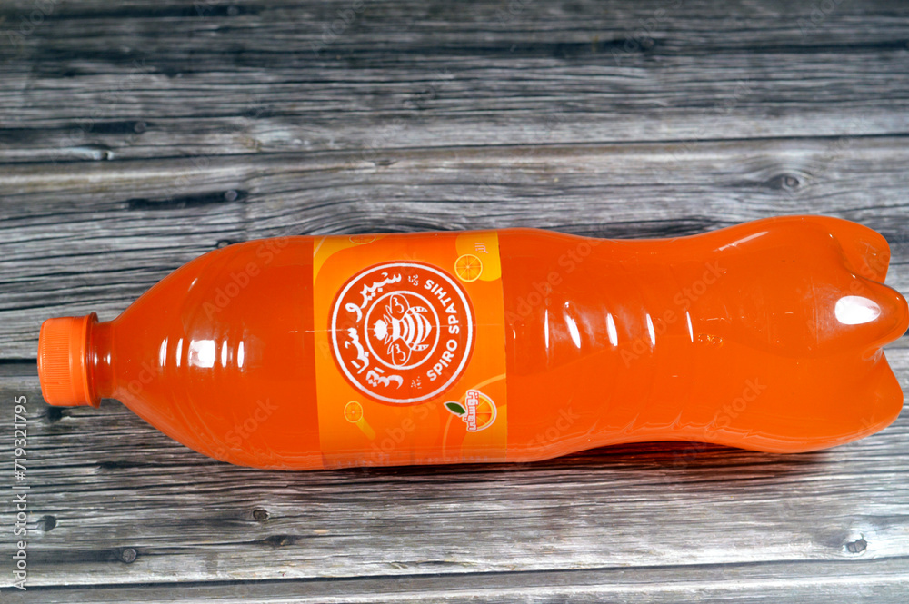 Cairo, Egypt, January 23 2024: Spiro Spathis mandarin orange soda drink ...