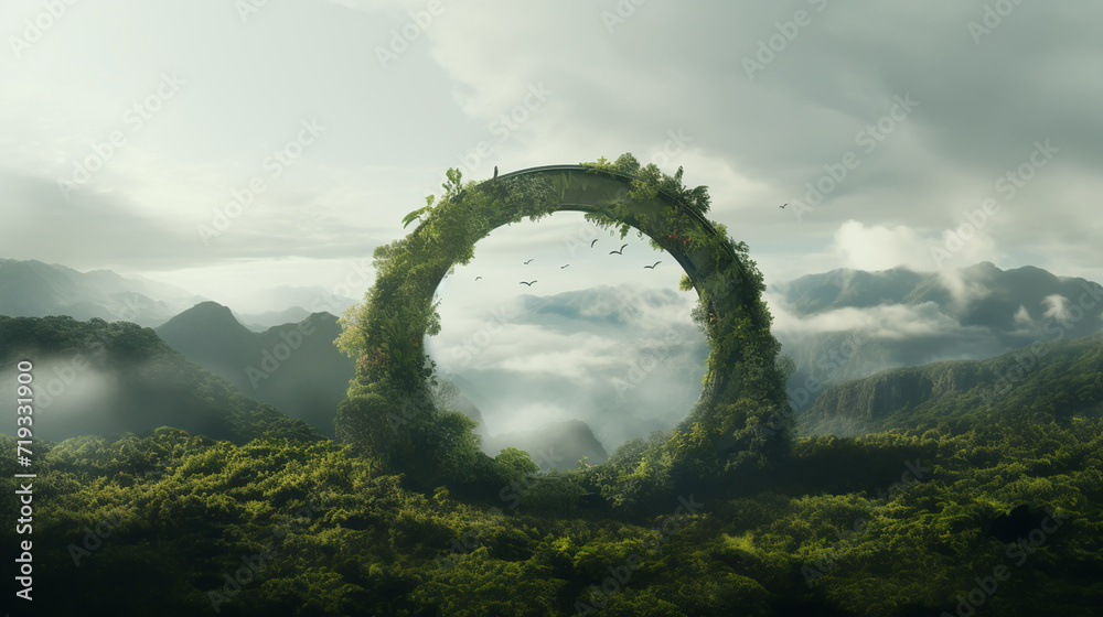 Beautiful round nature green lash arch in mountain forest park, concept ...