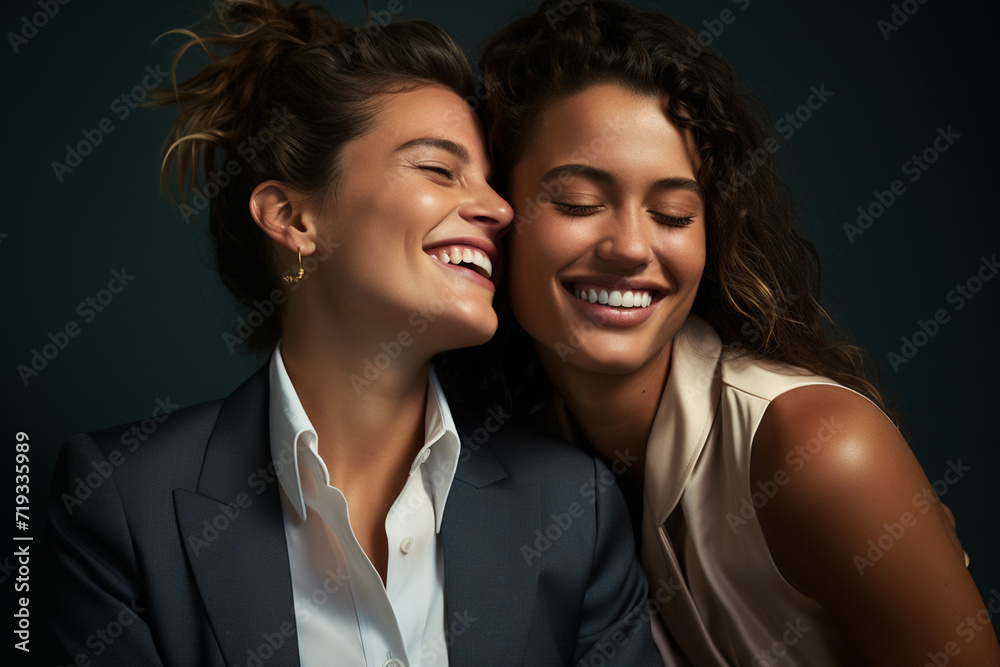 Staged photo illustrates harmony in lesbian couple relationships. Two ...