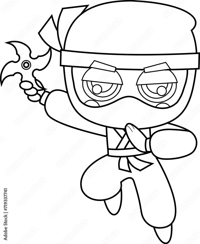 Outlined Cute Ninja Boy Warrior Cartoon Character Jumping With Shuriken ...
