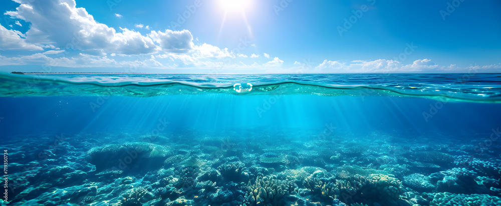Clear blue underwater ocean with sunlight trought bubbles, abstract ...