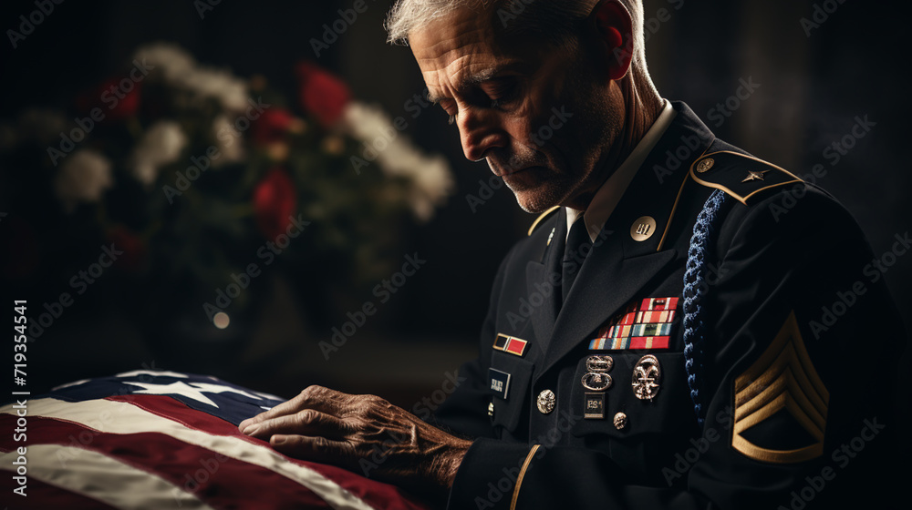 Soldier grieving over casket draped with an american flag draped on it ...