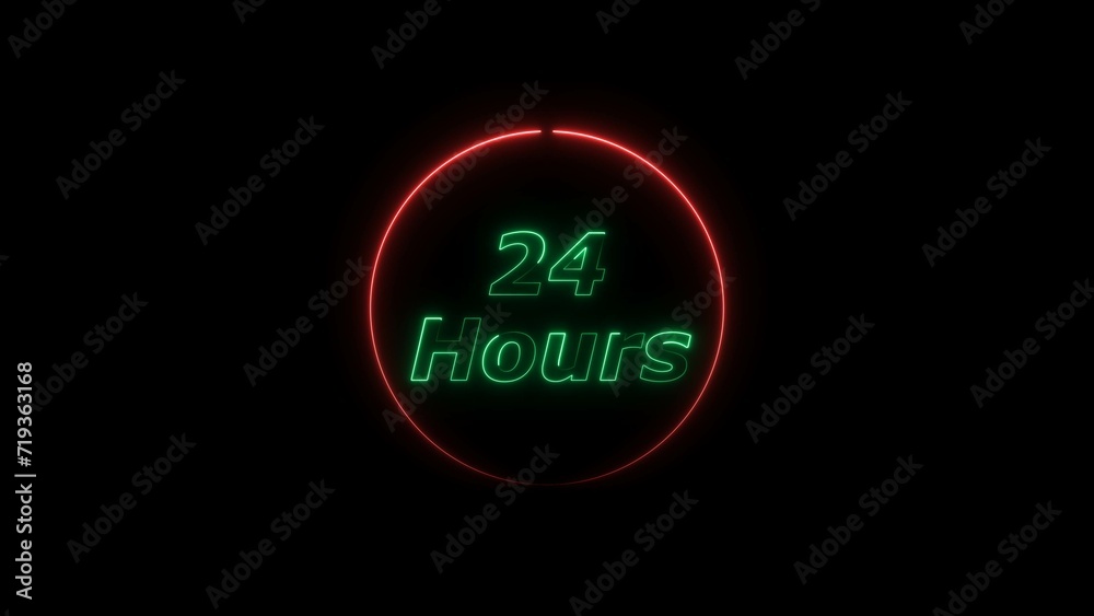 Turquoise color 24 hour text neon glowing Red color circle on the black ...
