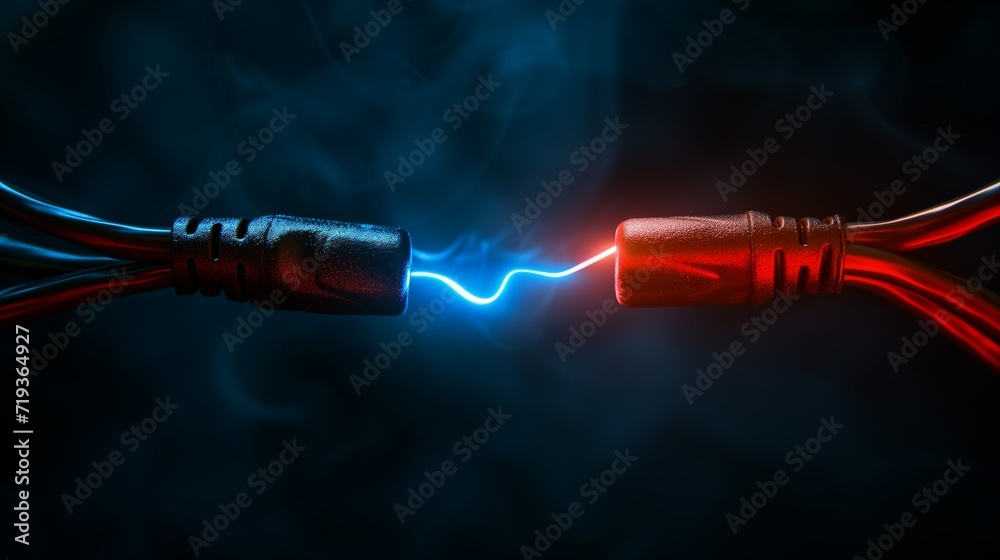 Two wires with a tense electric spark between them, the current ...