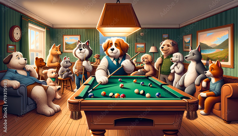 Animated anthropomorphic dogs playing pool in a cozy, vintage room ...